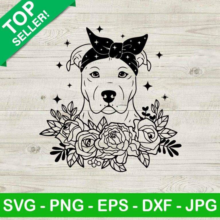 Pit Bull With Bandana And Flower SVG, Pit Bull Dog SVG, Pit Bull Flower SVG