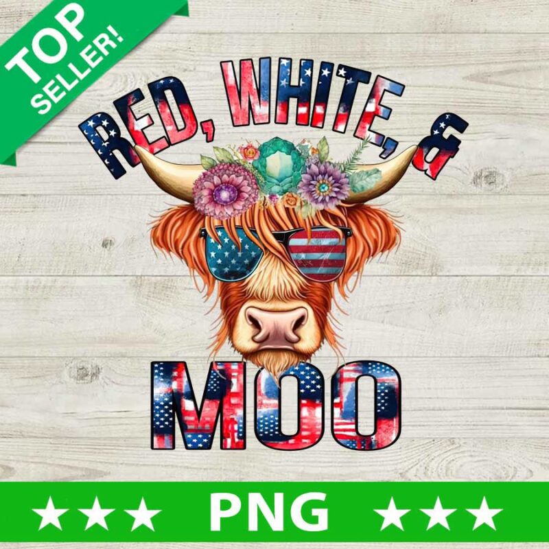 Red White And Moo PNG, Highland Cow Us Flag Sublimation transfer PNG ...