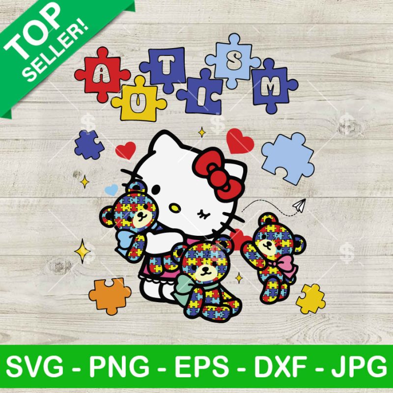 Hello Kitty Holding Teddy Bear Autism SVG, Hello Kitty Autism Awareness ...