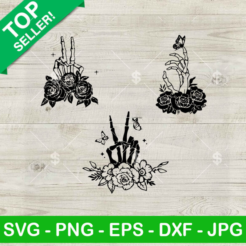 Skeleton Peace Hand Sign Floral SVG, Skeleton Hand SVG PNG DXF EPS