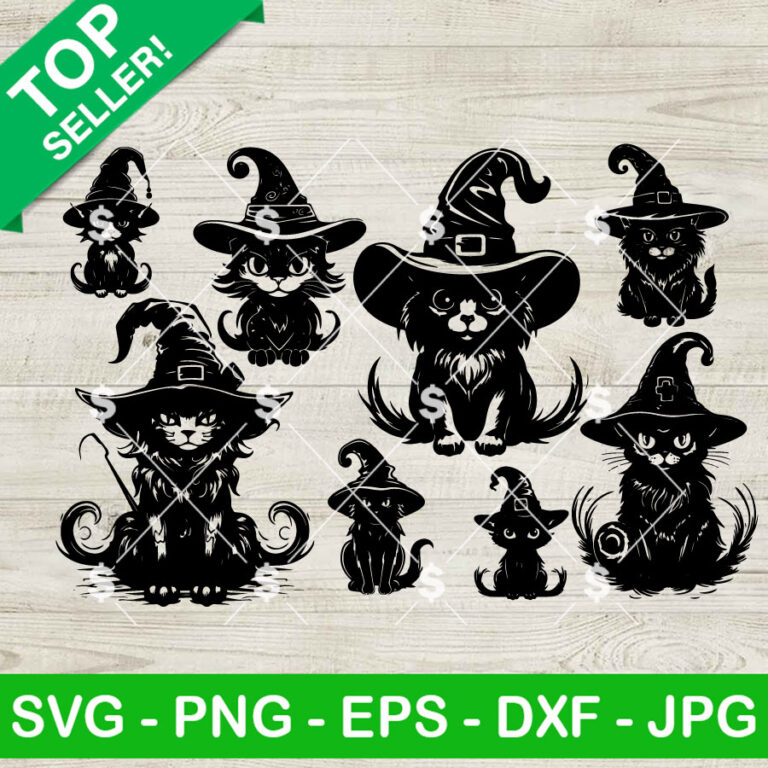 8 Black Cat Witches SVG Bundle, Halloween Cats Svg Bundle, Witch SVG
