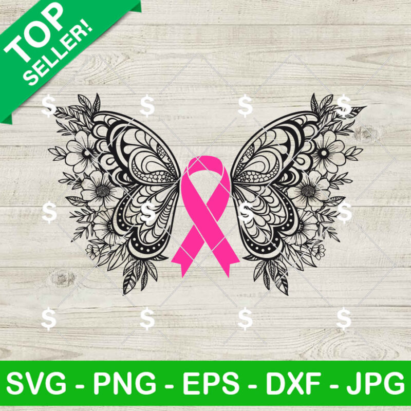 Breast Cancer Butterfly Ribbon SVG, Floral Pink Ribbon SVG, Breast ...
